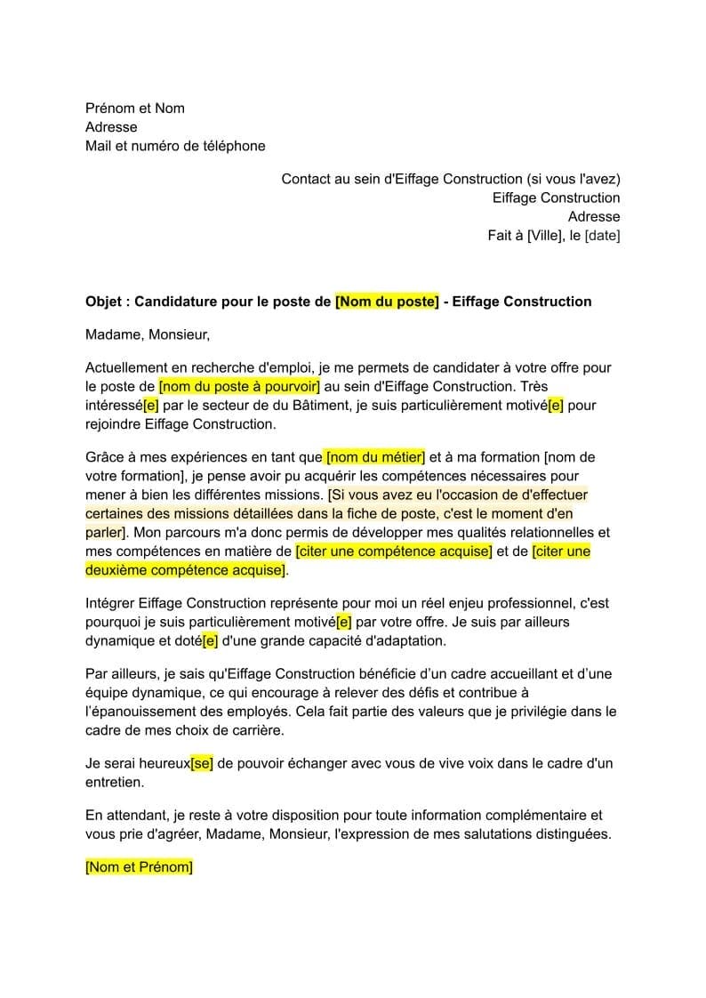 Lettre De Motivation Eiffage Construction - Word - Gratuit